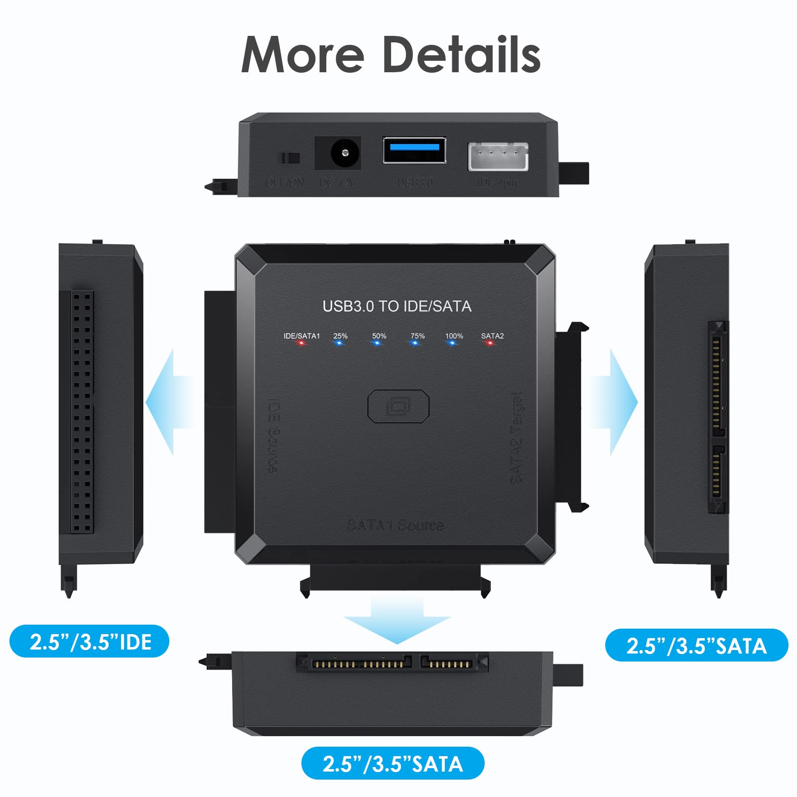 Hard Drive Reader, SATA/IDE to USB 3.0 Adapter External Hard Drive Ultra Recovery Converter for 2.5/3.5 HDD/SSD Hard Drive, Included 12V/2A Power Adapter