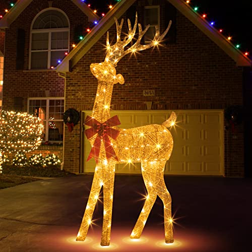 PEIDUO Gold Reindeer Outdoor Christmas Decorations, 5Ft Lighted Christmas Yard Decorations, Reindeer Outdoor Decorations for Home Decor