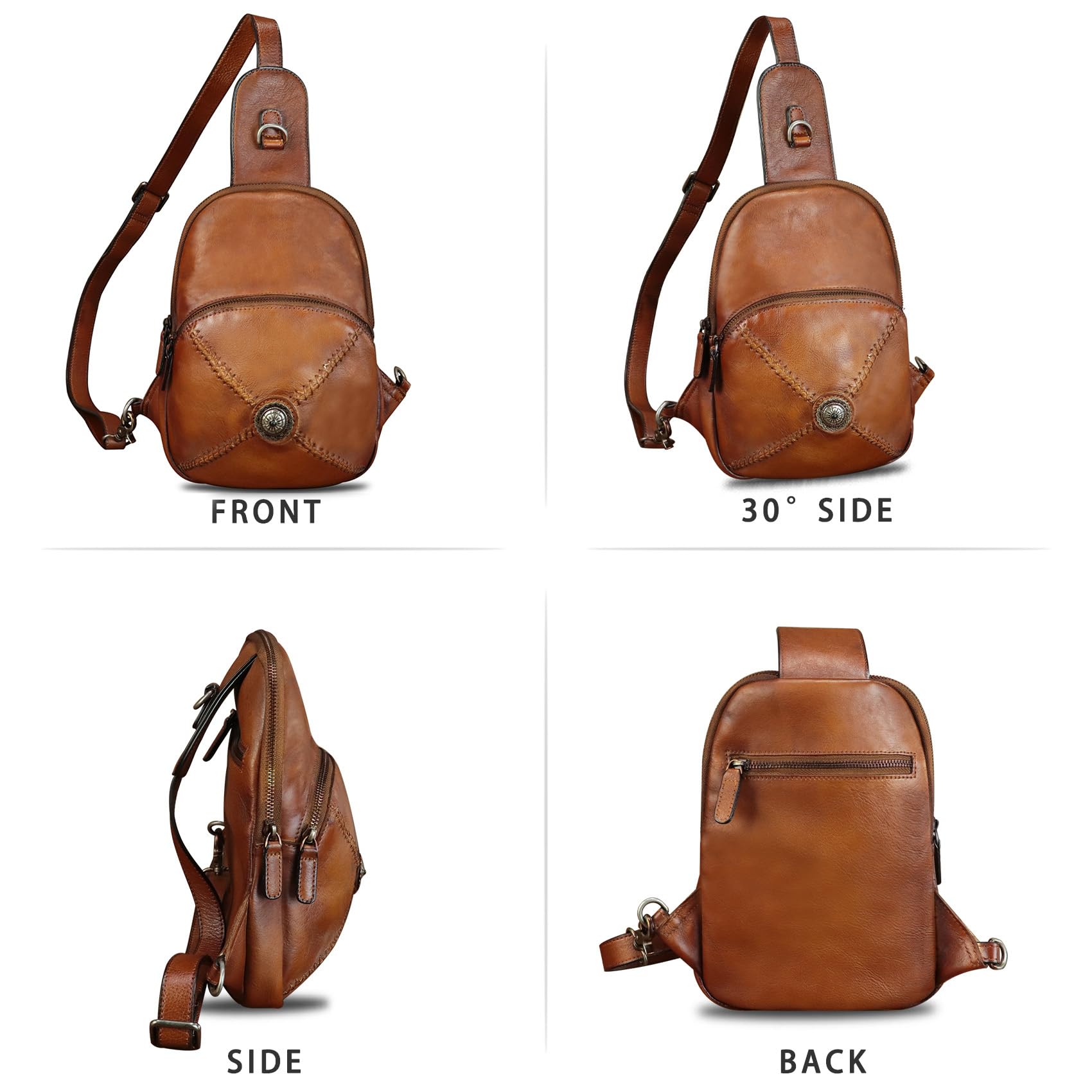 Genuine Leather Sling Bag for Women Sling Backpack Retro Chest Shoulder Vintage Handmade Hiking Crossbody Purse (Black)