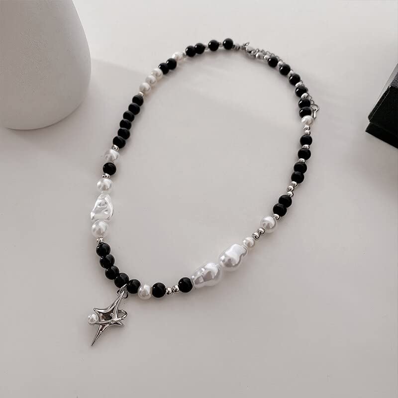 Punk Star Pendant Baroque Pearl Necklace for Women Asymmetric Black White Beads Necklace Choker Jewelry Gift (Style 1)