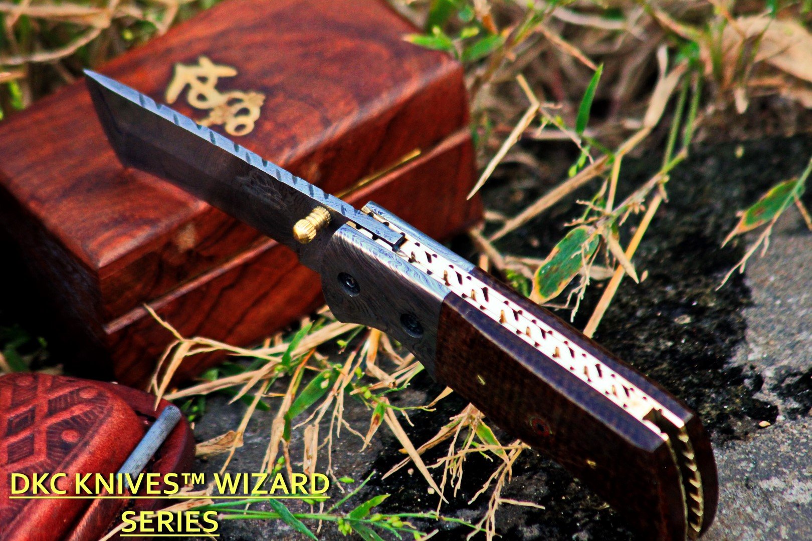 DKC Knives DKC-27-BM-DS-PC Wizard Pocket Clip Brown Micarta 7" Long, 4" Folded 6oz Damascus Tanto Folding Pocket Hunting Knife TM (Brown Micarta)