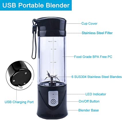 Portable Blender Smoothies Personal Blender Mini Shakes Juicer 380 ml Cup USB Rechargeable Cordless Shaker Bottle (BLACK)