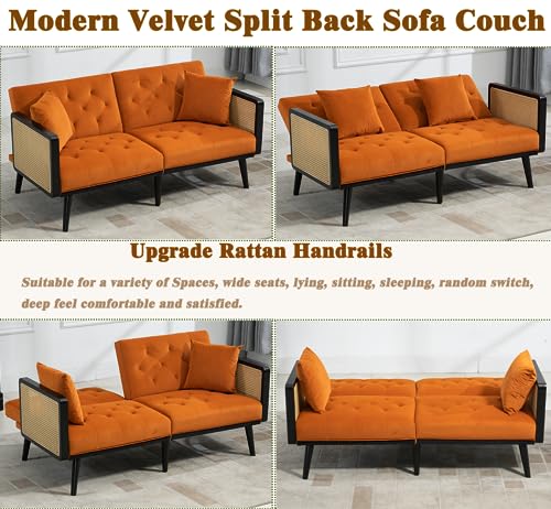 Lin-Utrend Velvet Loveseat Sofa with Rattan Armrest,61" Convertible Futon Sofa Bed,Sleeper Sofa Couch Loveseat for Small Space,Living Room,Apartment