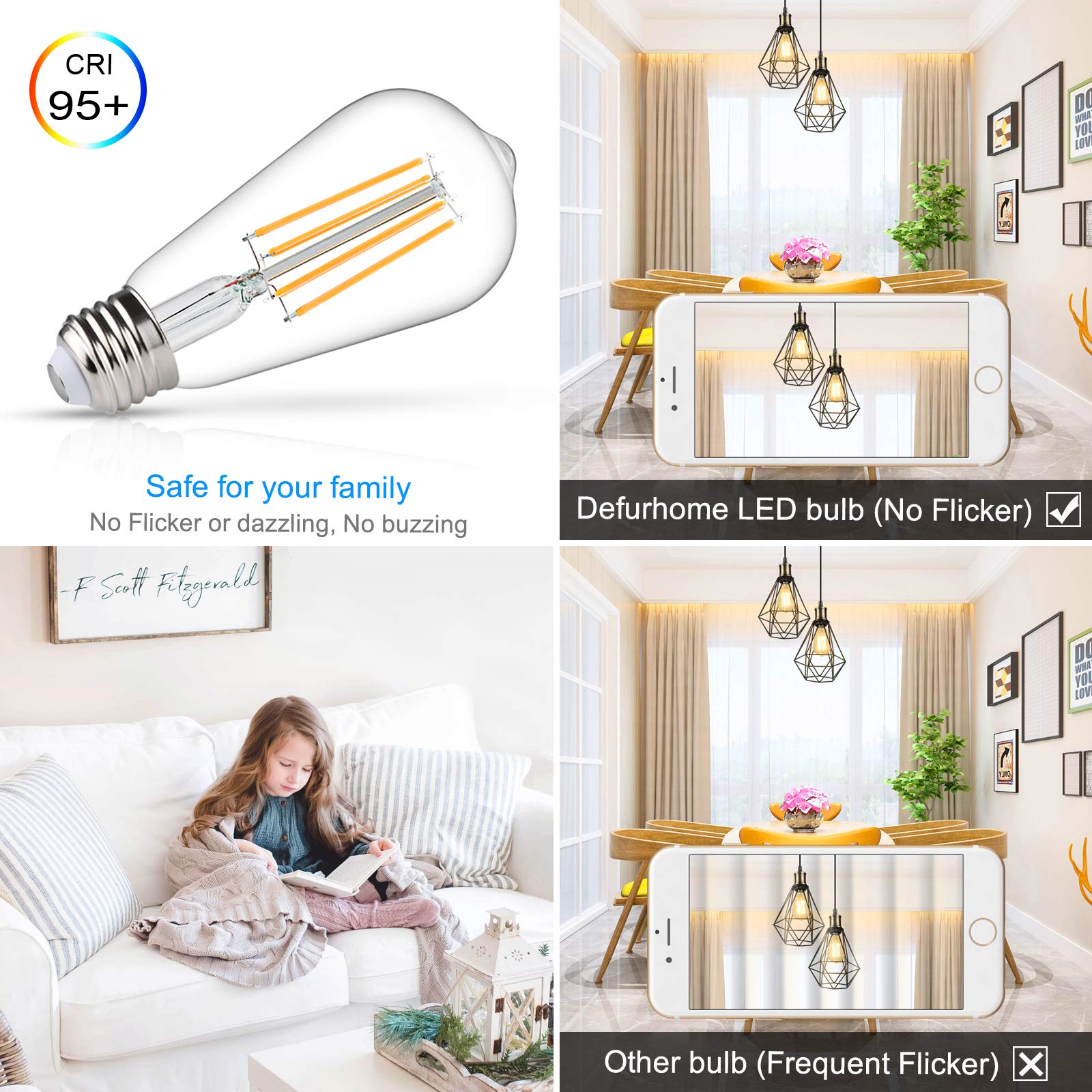 Defurhome LED Edison Bulbs 60W Equivalent, Daylight White 4000K, High 95+ CRI Eye Protection LED Bulb, ST58 LED Filament Light Bulbs, Antique Style Lighting, Non Dimmable, E26 Medium Base - Pack of 5