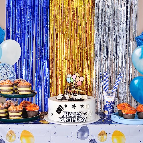 LOLStar 2 Pack Navy Blue Gold and Silver Party Decorations 3.3X6.6 ft Each Foil Fringe Tinsel Curtains Backdrop, Streamers - Perfect for Birthdays, Showers, Retirement, Graduations, Weddings