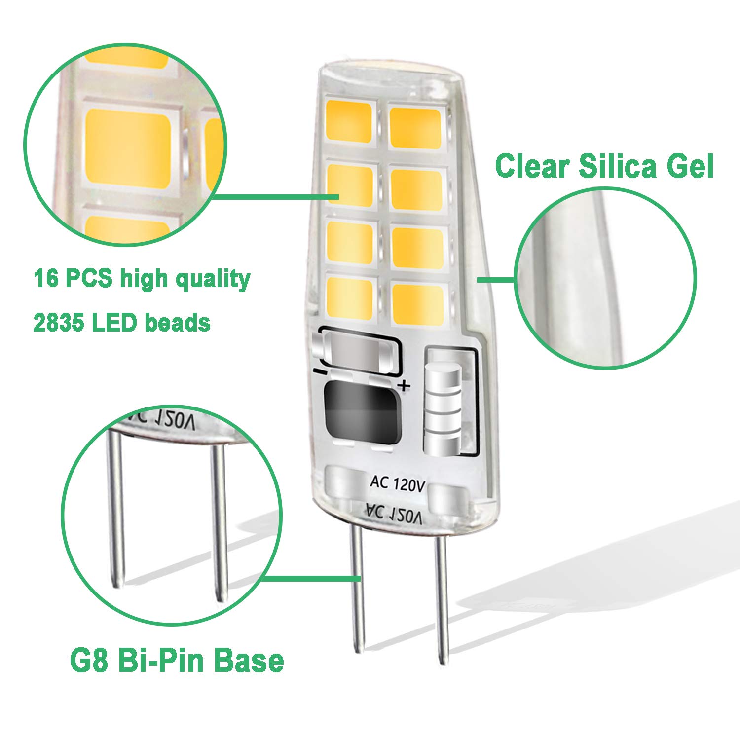 LEKE G8 Bulb Warm White 3W G8 LED Bulb Equivalent to G8 Halogen Bulb 20W-25W Dimmable G8 Light Bulb 3000k, AC 110v/120v/130v(6 Pack)