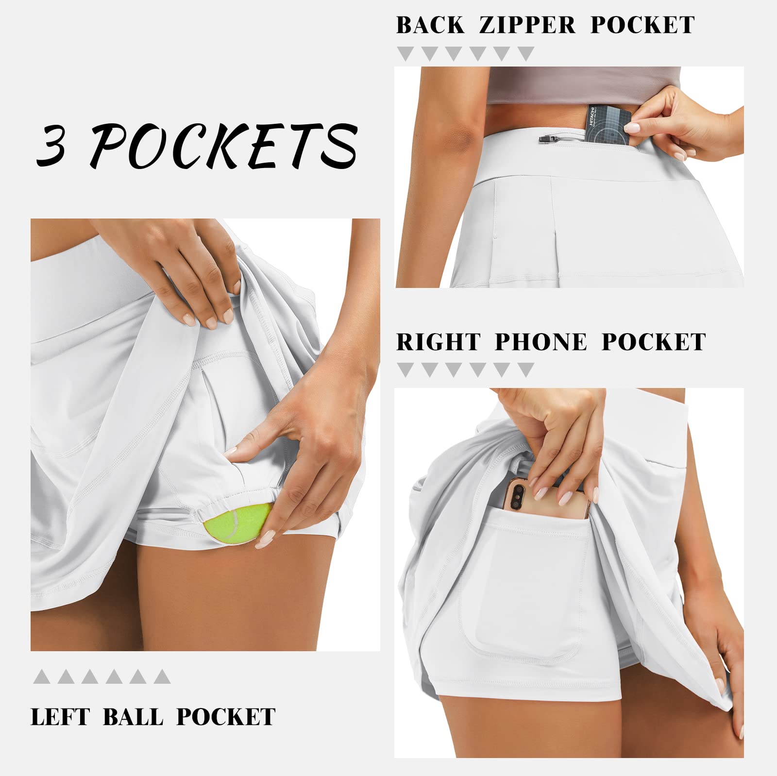 Fengbay Pleated Tennis Skirts for Women with Pockets Golf Skirt for Running Workout Athletic Shorts (White,Small)