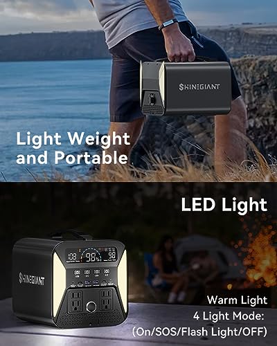 Portable Power Station 300W(600W Peak), SHINEGIANT 299.52Wh Solar Generator with USB-C PD 60W Output, 110V Pure Sine Wave Backup Battery Pack with AC Outlet, Portable Generator for Camping RV Hunting