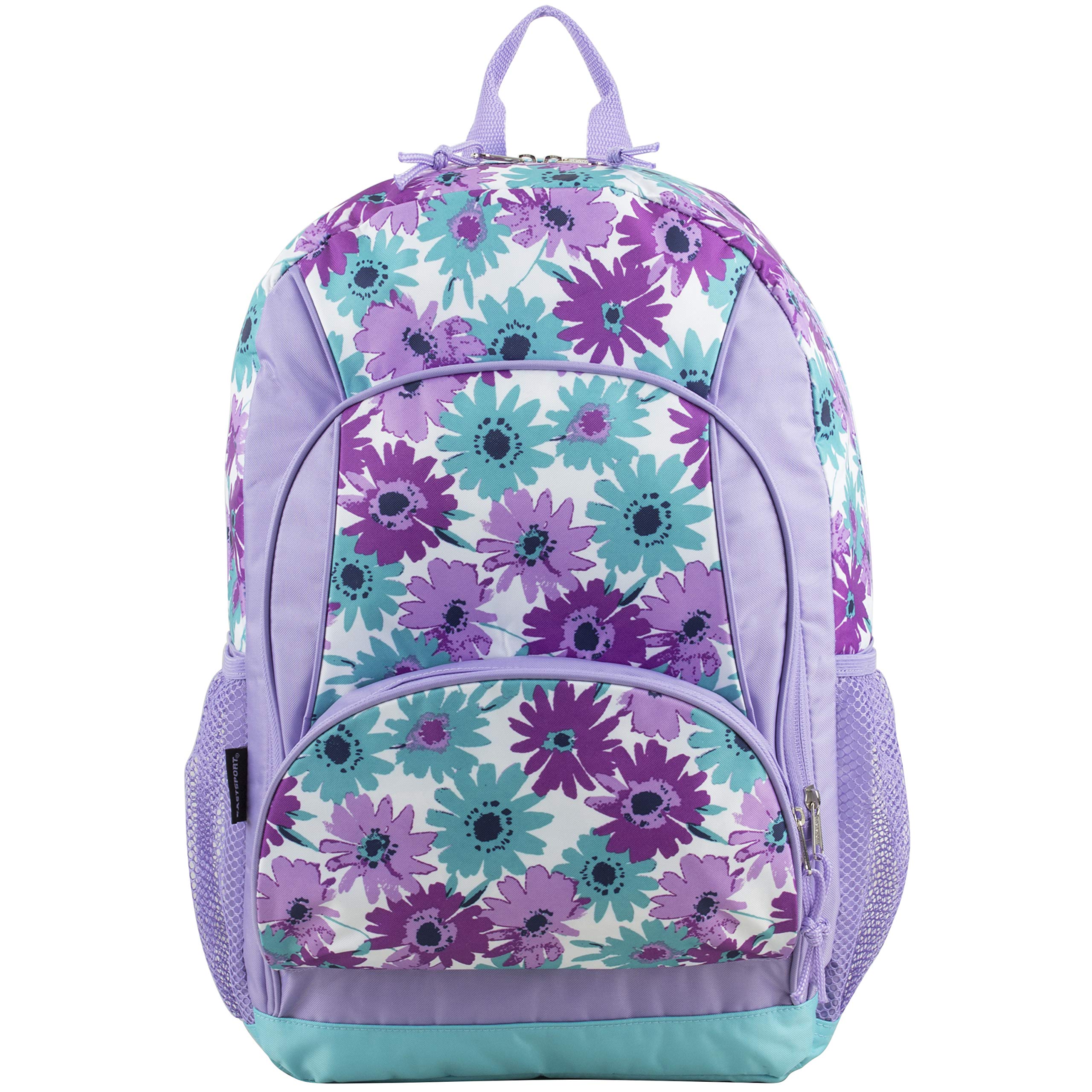 Eastsport Multi Pocket Backpack, 18β Triple Compartment Book Bag w/Adjustable Padded Straps - Purple Flowers