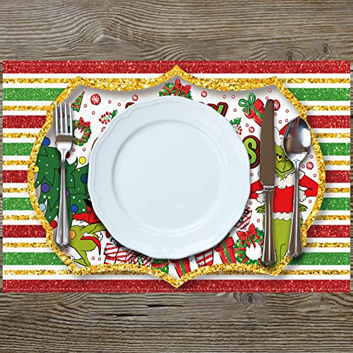 Linen Grinch Placemats Set of 4 Merry Grinchmas Table Mats Grinch Christmas Decorations and Supplies for Home Kitchen Table-12Γ18''