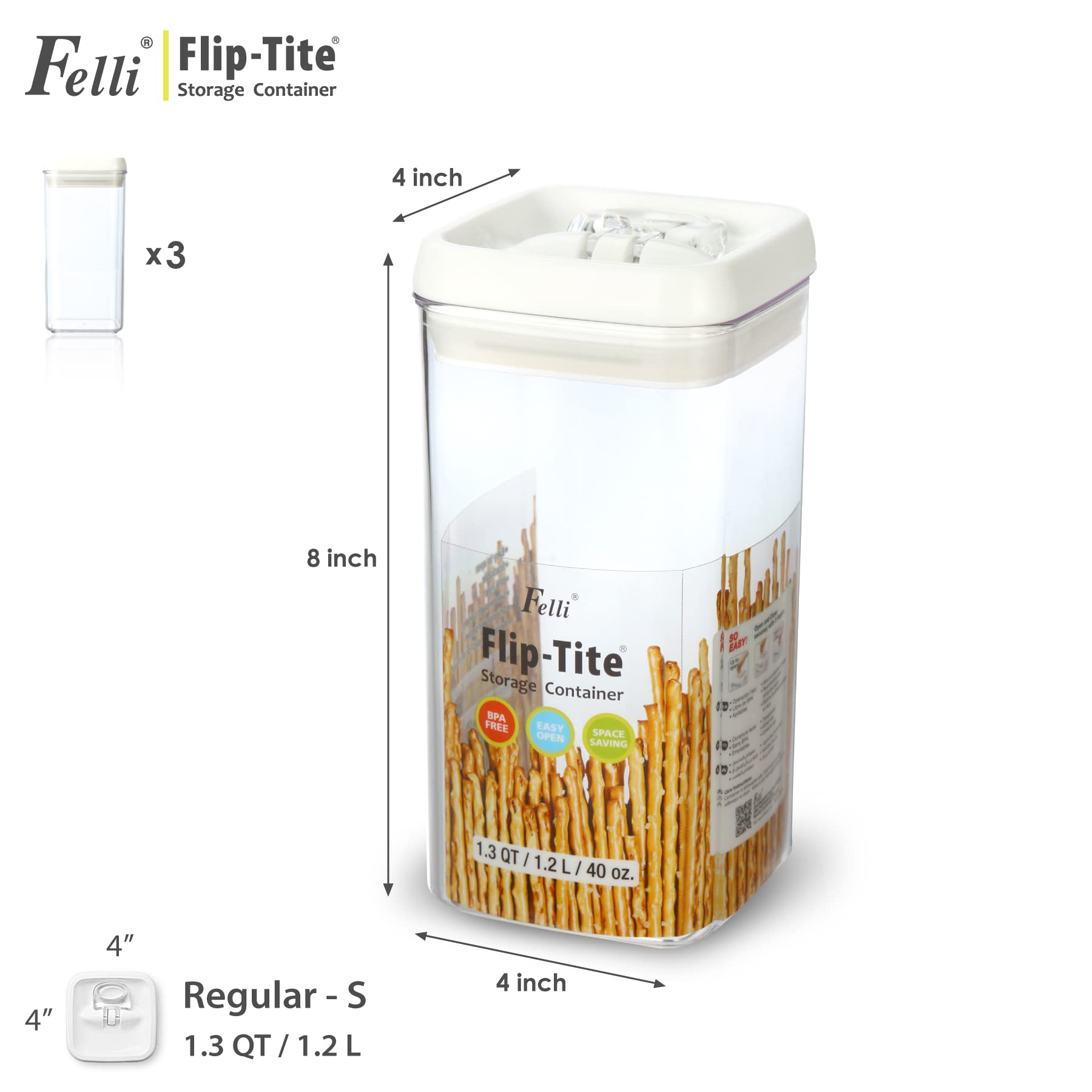 Felli Flip Tite Airtight Food Storage Container with Lid 4β Regular-L Lock Top Stackable Acrylic Kitchen Canister Jar for Pantry Cupboard Organizer Nuts Snack Cracker Pet Treats for Cat Dog (1.3 qt)