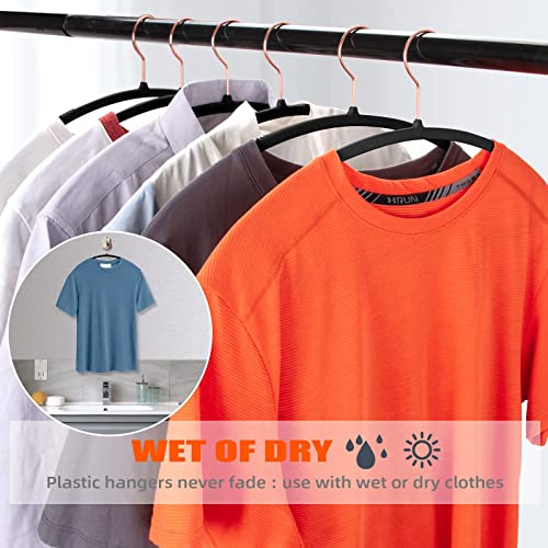 OIKA Hangers 50pack No Shoulder Bump Plastic Suit Hangers - Rose Gold Hooks,Non Slip Space Saving Clothes Hangers, Heavyduty Pants Hangers, Black Hangers