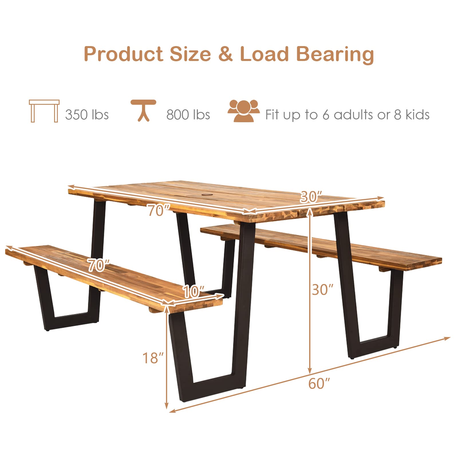 HAPPYGRILL Outdoor Picnic Table Bench Set with Wooden Top & Steel Frame, Patio Dining Picnic Table Set with Umbrella Hole for Garden Backyard