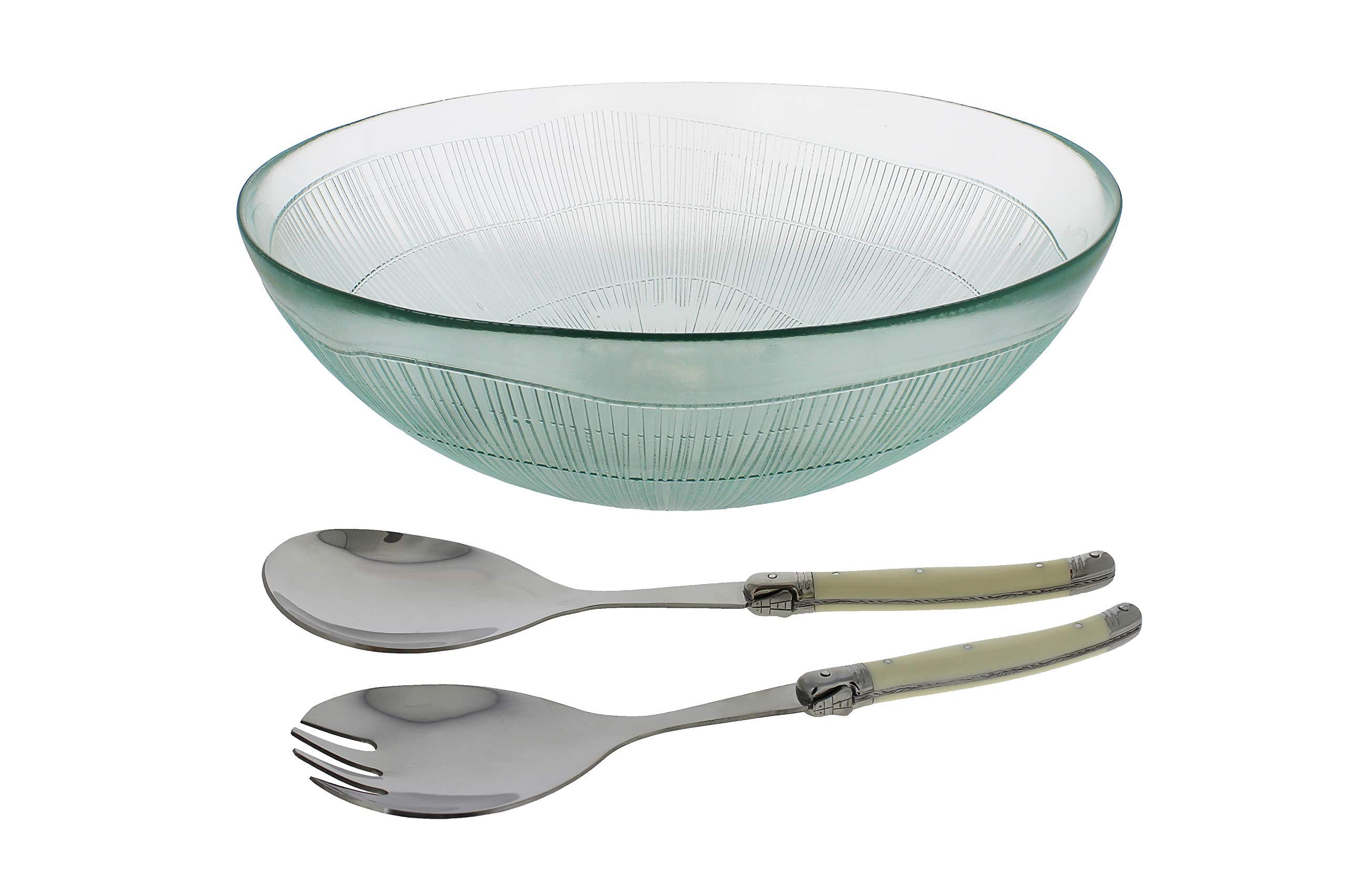 French Home Recycled Glass Birch Salad Bowl and Laguiole Servers with Faux Ivory handles.