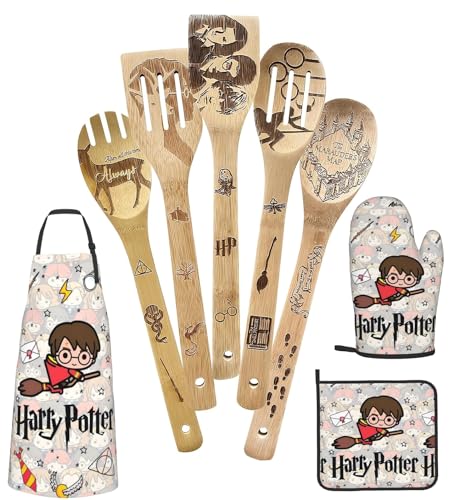 Harry Magic Kitchen Utensils Set Gifts for Mom Women Birthday Gift Cute Magic Wooden Cooking Spoons Set with Apron Oven Mitt Potholder Set Great Christmas Gift