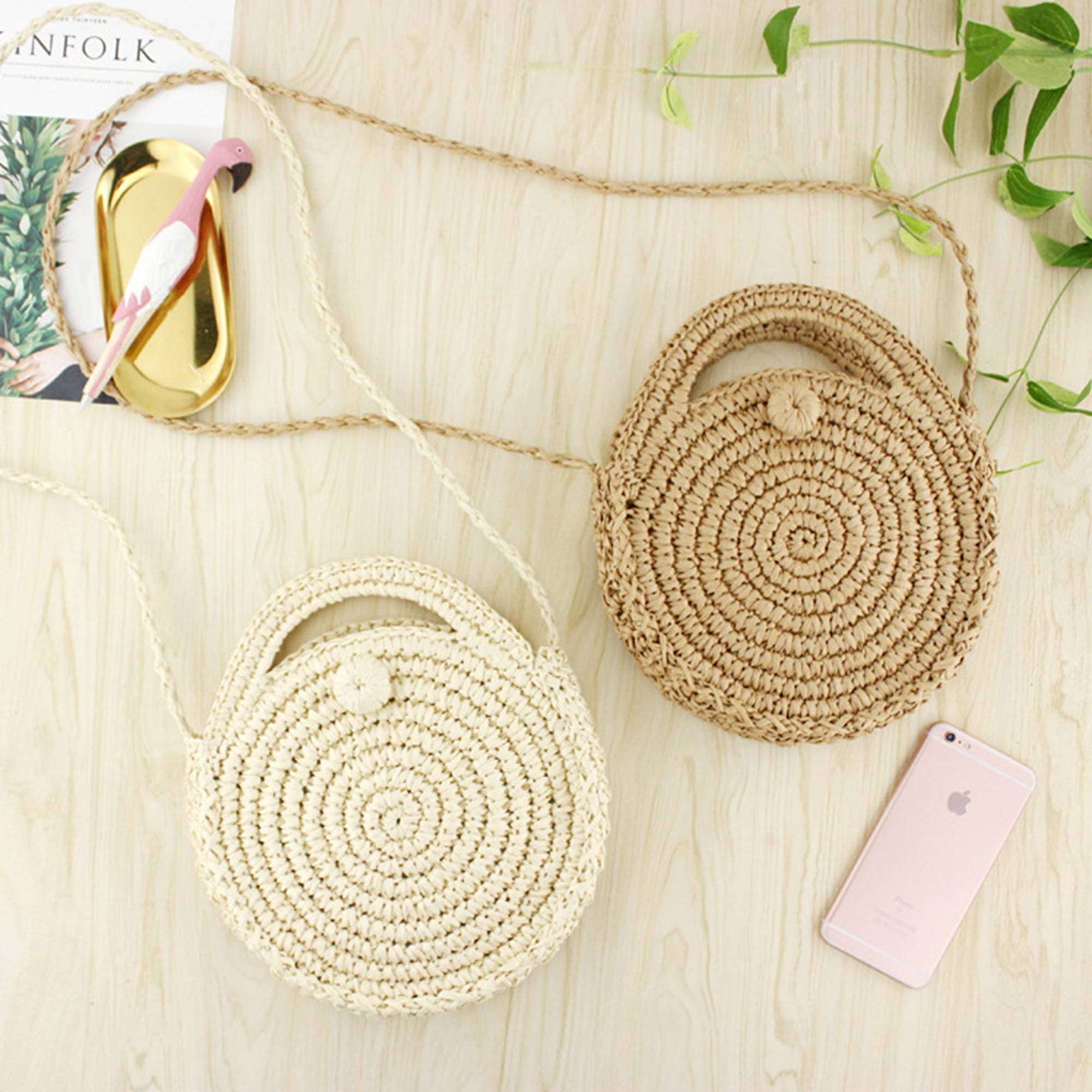 Women Round Straw Beach Bag Handwoven Summer Rattan Bag Cross Body Bag Shoulder Bag Khaki