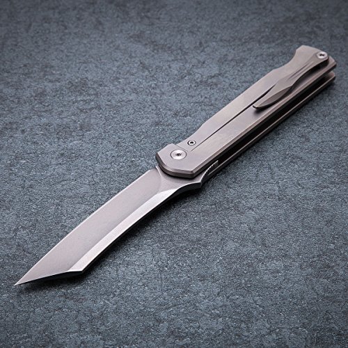 KATSU Camping Pocket Folding Japanese Knife, Titanium & Carbon Fiber Handle, Frame Lock, Stonewashed Cleaver Razor Blade, Leather Sheath