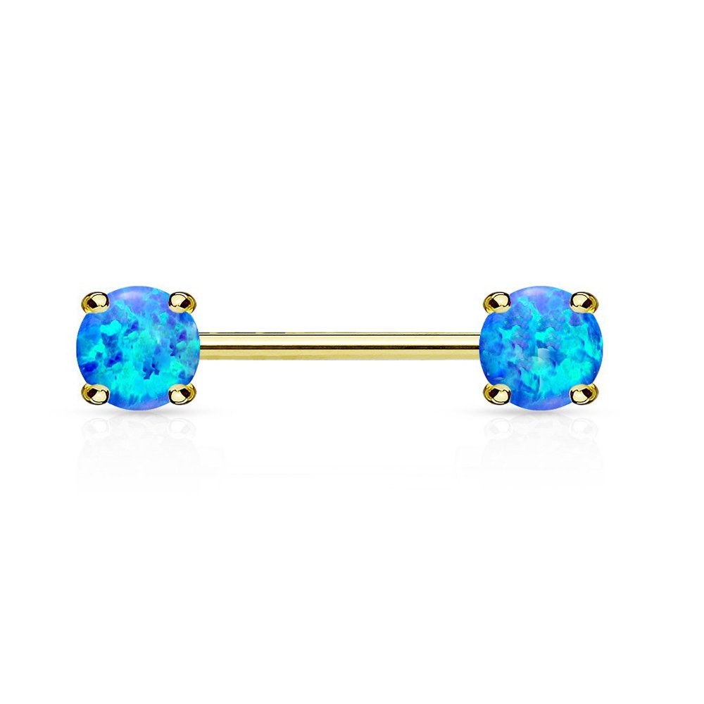 Dynamique Opal Prong Set Front Facing Ends 14Kt. Gold Plated Over 316L Surgical Steel Nipple Barbells (Sold Per Pair Or Piece)