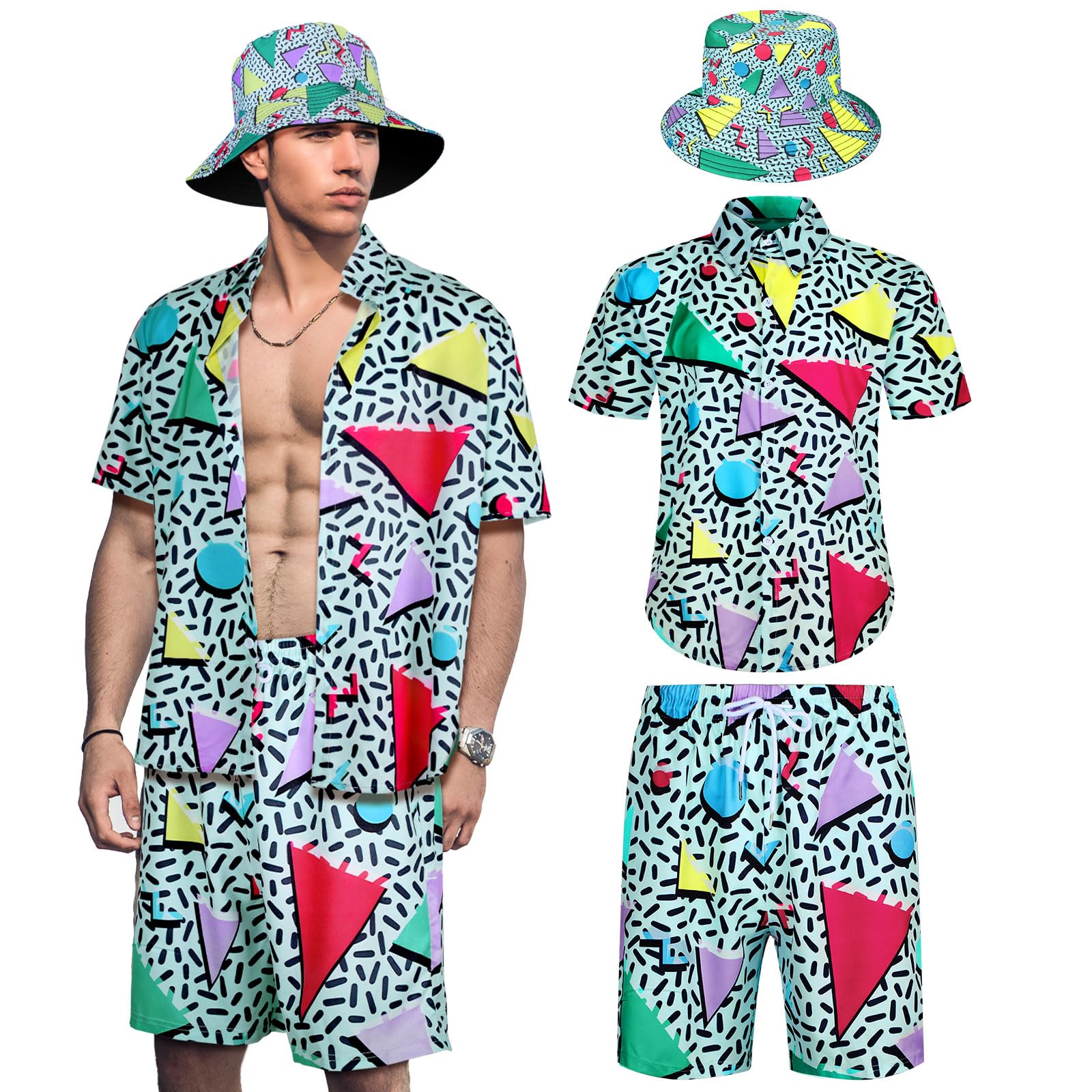 Geosar Men's 2 Pcs 80s 90s Outfit for Men Hippie Shirts and Shorts Set with Hat Neon Disco Halloween Party Costume Clothes(Vintage Color,Large)