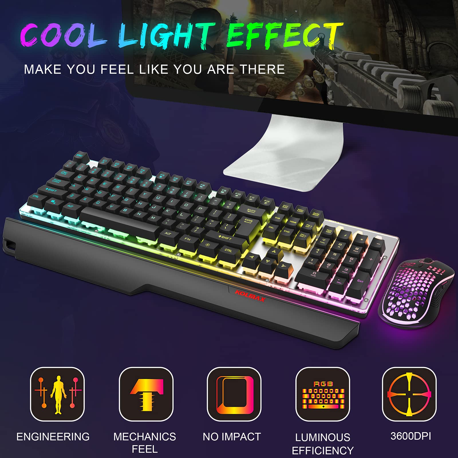 Gaming Keyboard Colorful Rainbow LED Backlit Keyboard with Ergonomic Detachable Wrist Rest,Transparent Aluminum Panel Keyboard with Mechanical Feeling 104 Keys for PC PS4 Xbox Mac,Office/Gaming