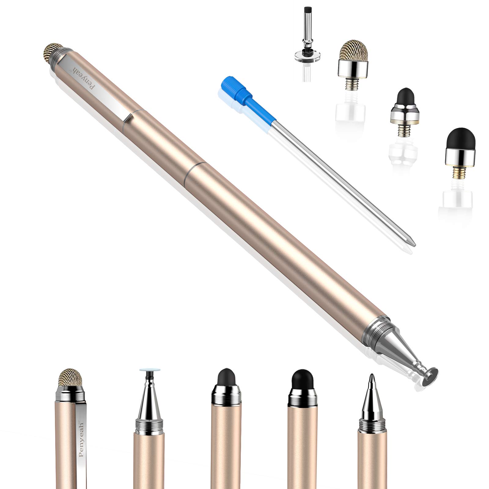 Penyeah Stylus pens for Touch Screens - [4-in-1] High Sensitivity and Precision Touch Screen Stylus Disc Tip,Black Rubber Tip & Mesh Fiber Tip Universal for All Capacitive Touch Screen Device (Gold)