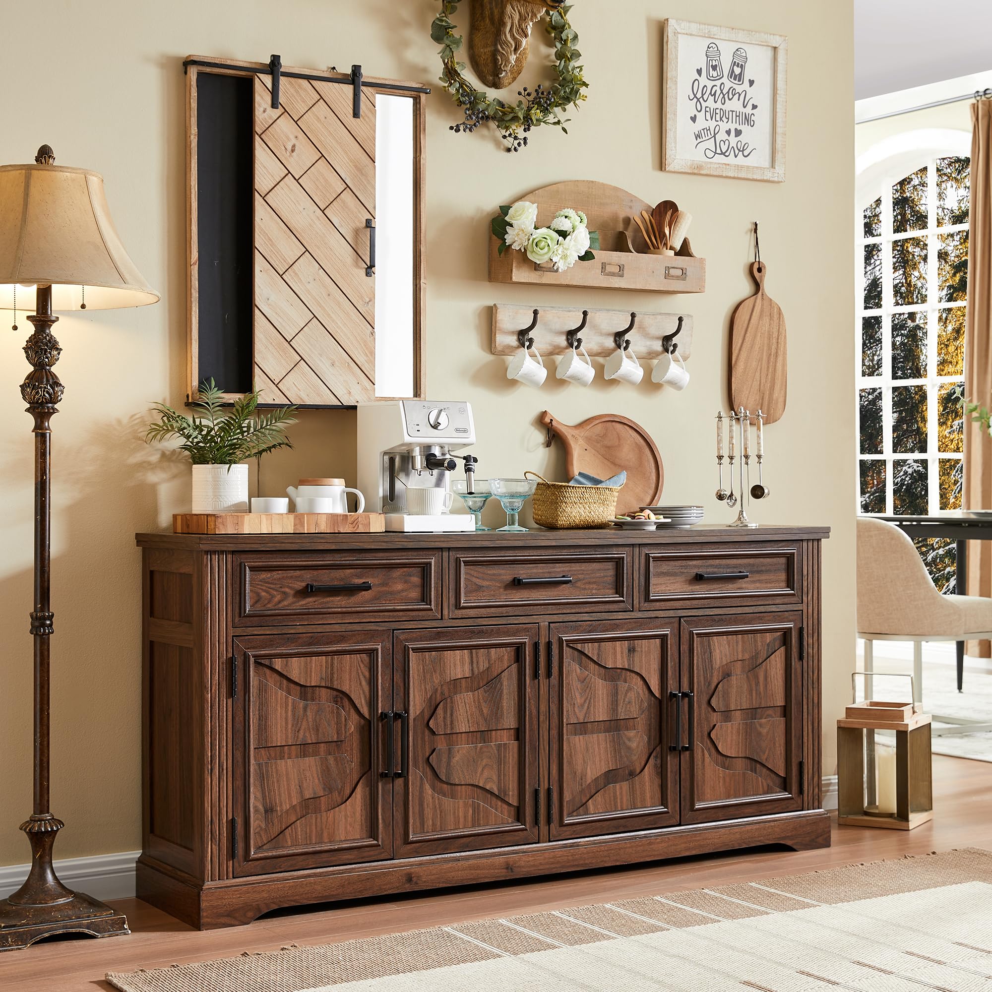 JXQTLINGMU 66" Large Buffet Sideboard Cabinet with 4 Doors and 3 Drawers, Buffet Table Coffee Bar Wine Bar Storage Cabinet for Dining Room, Living Room, Black