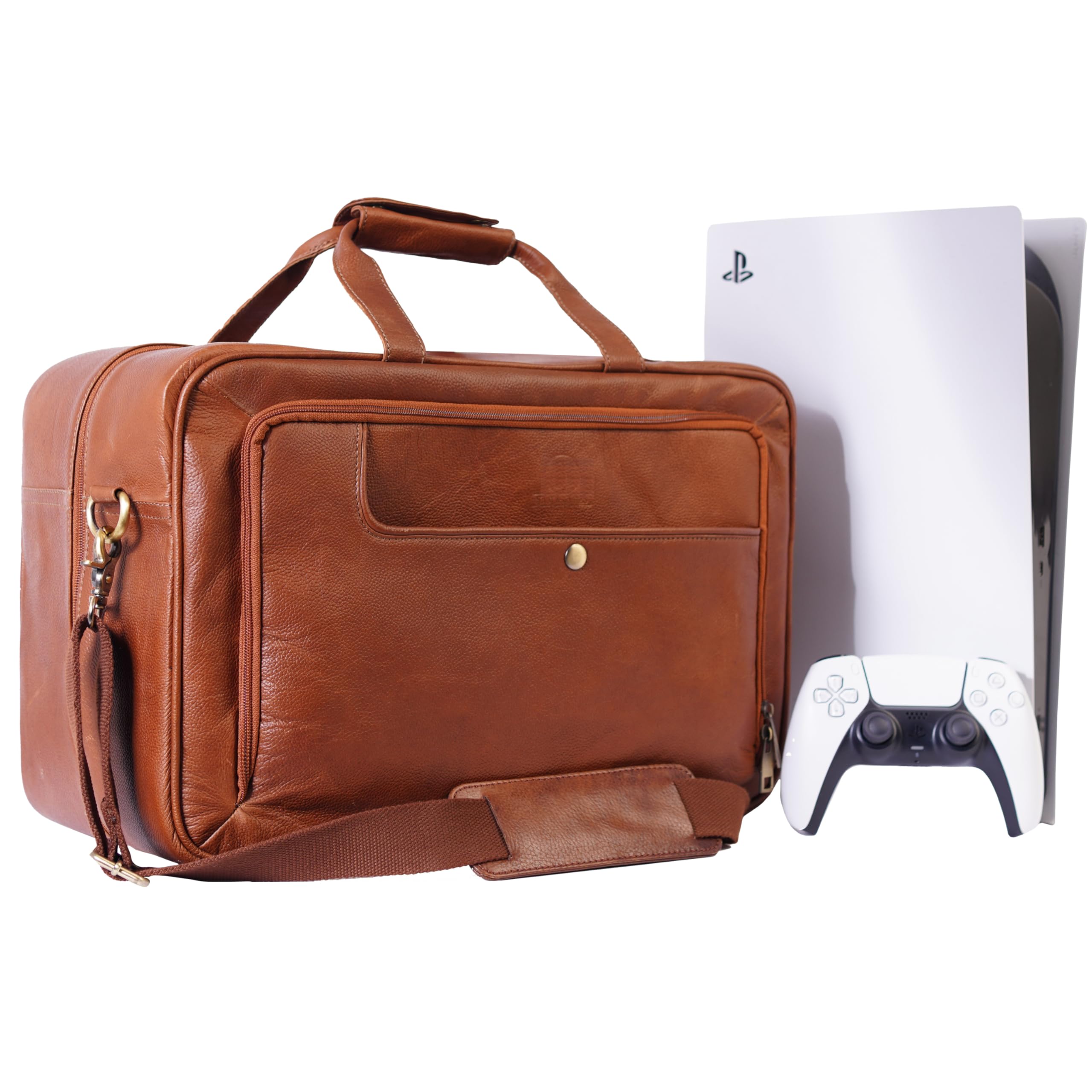DreamController Genuine Leather PS5 Carrying Case | Gaming Bag with Detachable & Adjustable Compartments for Acessories | Full Grain Leather Weekender Bag for Gaming Console | Tan cowboy Leather Bags