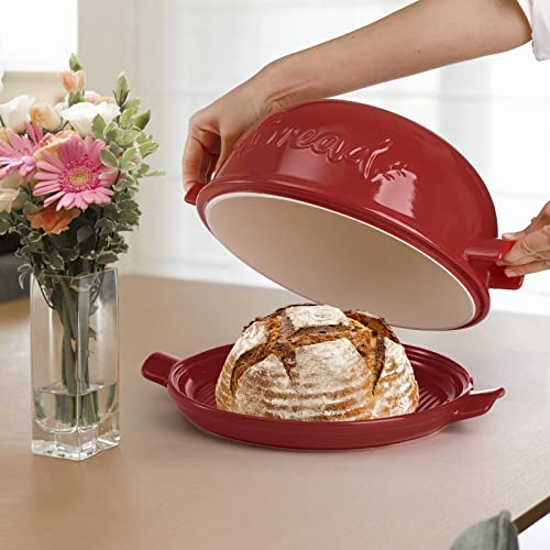 Okllen Bread Baker with Lid, Ceramic Large Bread Pot Cheese Potato Cooker, Oven Safe Bread Baking Pot Pan Multi Cooker for Home Bread Making, Red, 11.4" x7.5"