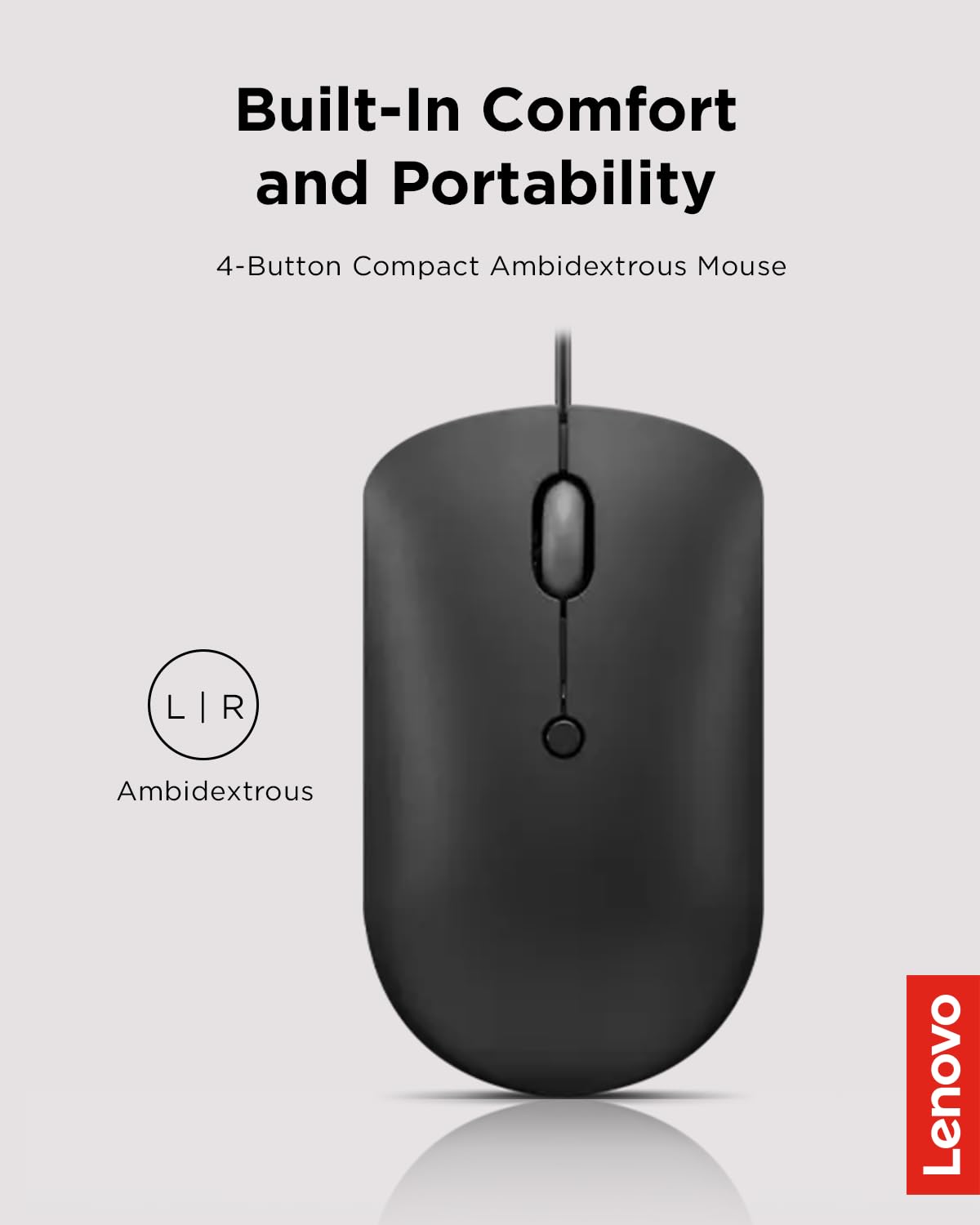 Lenovo 400 USB-C Compact Wired Mouse – Pocket Friendly Portable Mouse for Notebook or Large Computer Monitor, Black