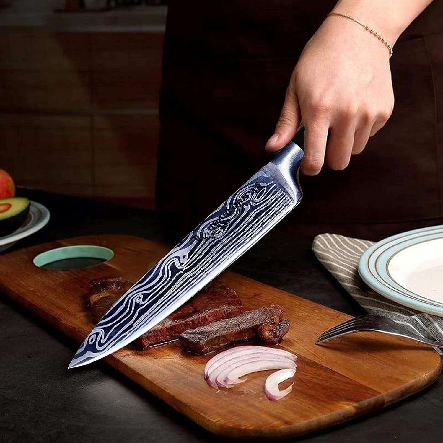 Knife Set Kitchen Knife Set with Knife Block, 15-Piece Professional Stainless Steel Damascus Set with Built-in Knife Sharpener and Free Wine Box,Great Gift Idea!