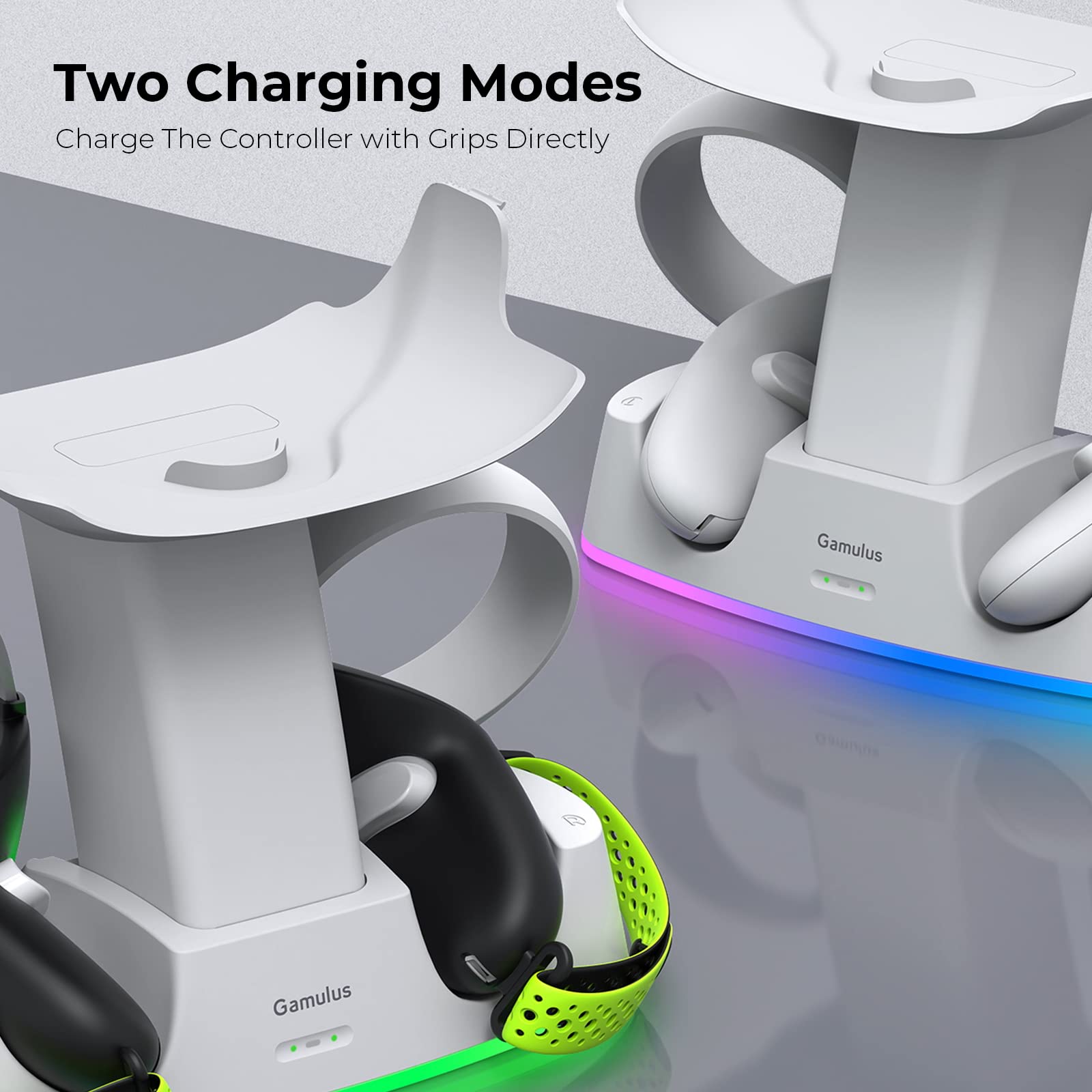 Gamulus RGB Charging Dock for Meta Quest 2, Support Elite Strap with Battery and Controller with Grips, Headset & Controllers Magnetic Charging Station Stand w/ 2200mah Batteries, 7 Lighting Modes
