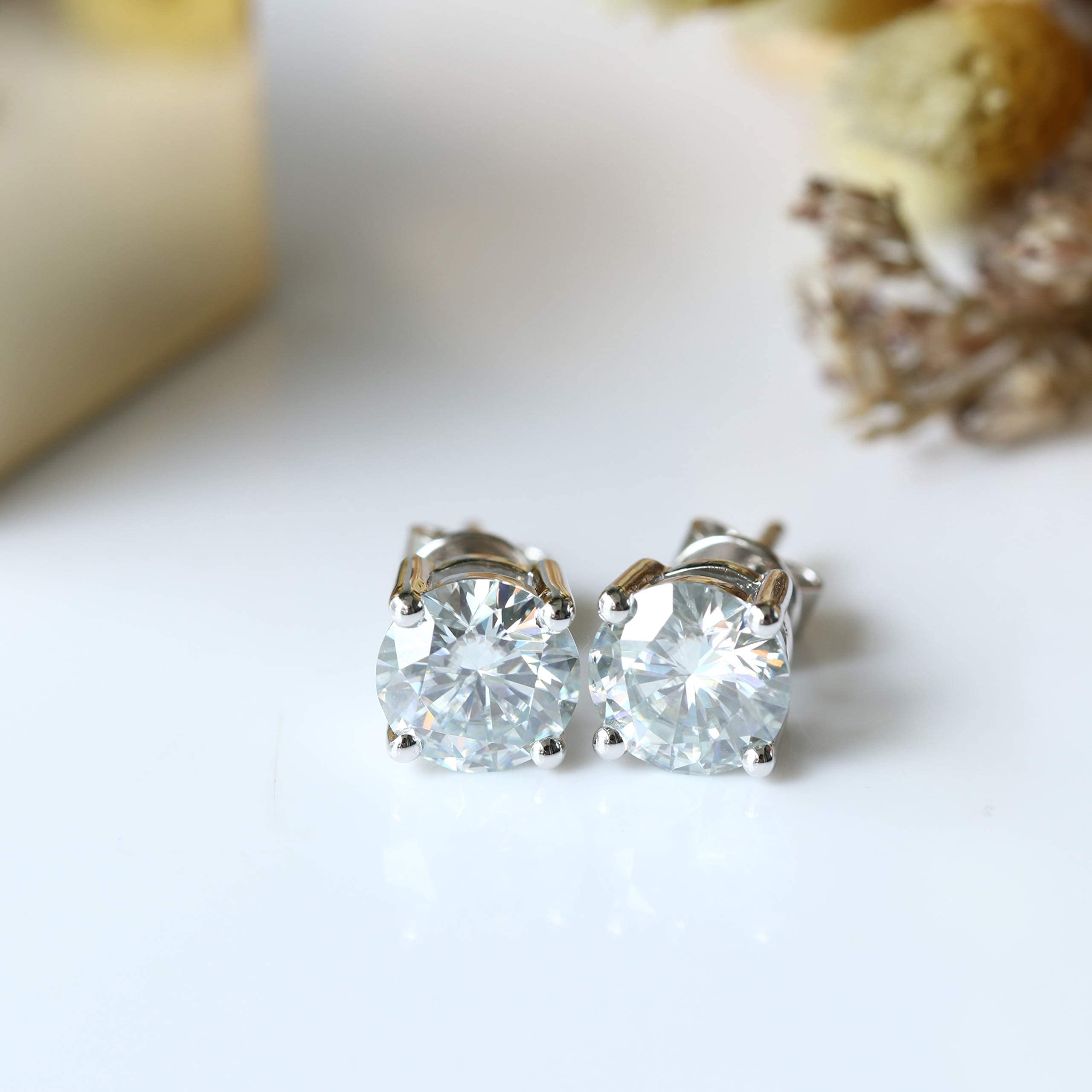 DovEggs 10K White Gold Post 2CTW 6.5MM Lab Grown Moissanite Stud Earrings Sterling Silver Push Back for Women (10K White Gold Posts)