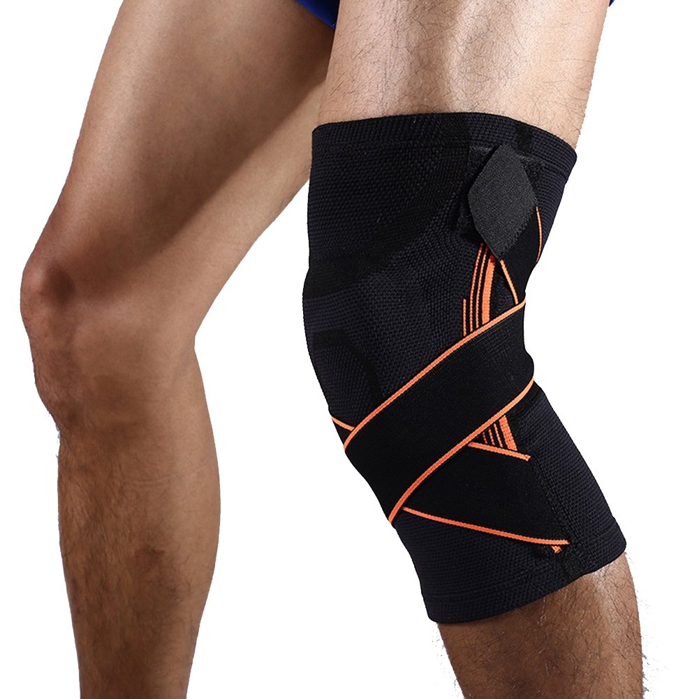 Dofover Knee Compression Sleeve with Pressure Strap 3D Weaving Pressurization Knee Brace Knee Support Professional Protective, Joint Pain Relief, Injury Recovery-Single (M, Black Orange)