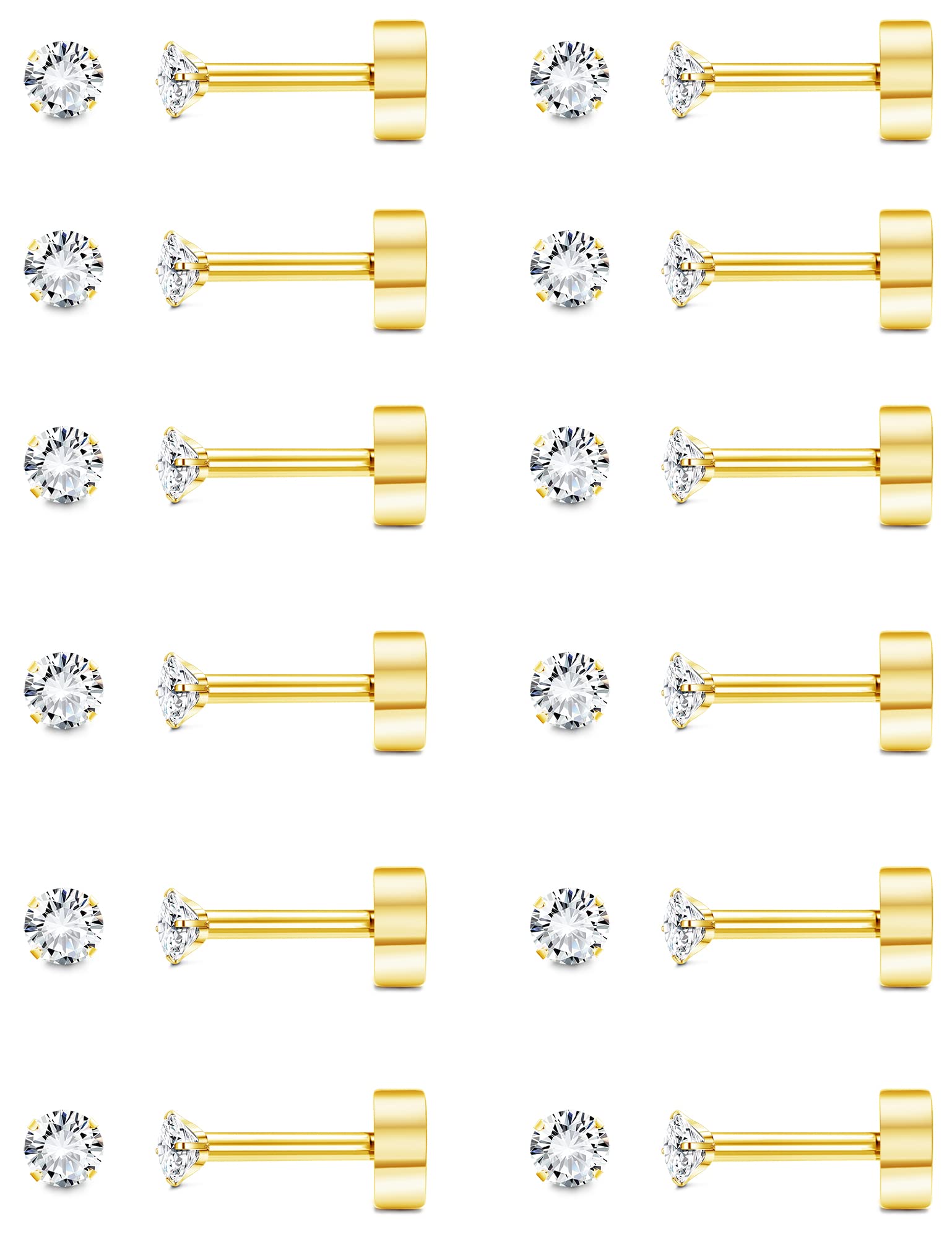 FASACCO 12 Pairs 14K Flat Back Earrings 20G Cartilage Earring Stud Tiny 2MM Flat Back Stud Earrings
