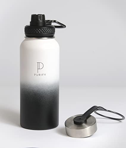 Purify Sports Water Bottle – 32Oz, 2 Lids (Open Lid), Leak Proof, Vacuum Insulated Stainless Steel, Double Walled, Thermo Mug, Metal Canteen