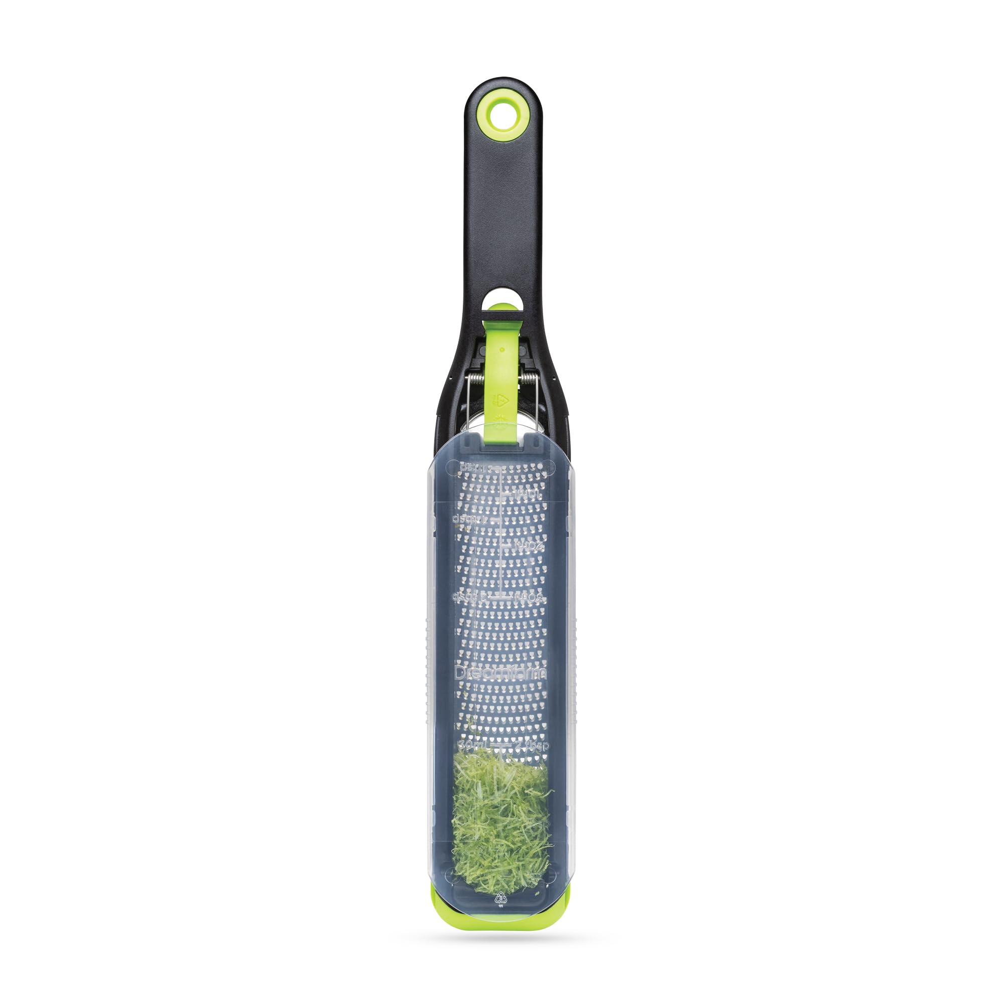 Dreamfarm Ozest Self-Cleaning POP-Button Zester for Fine, Fluffy Citrus Zest, Cheese, Nut, & Spices with Non-Slip Silicone Foot - 1mm Zester, Black/Green