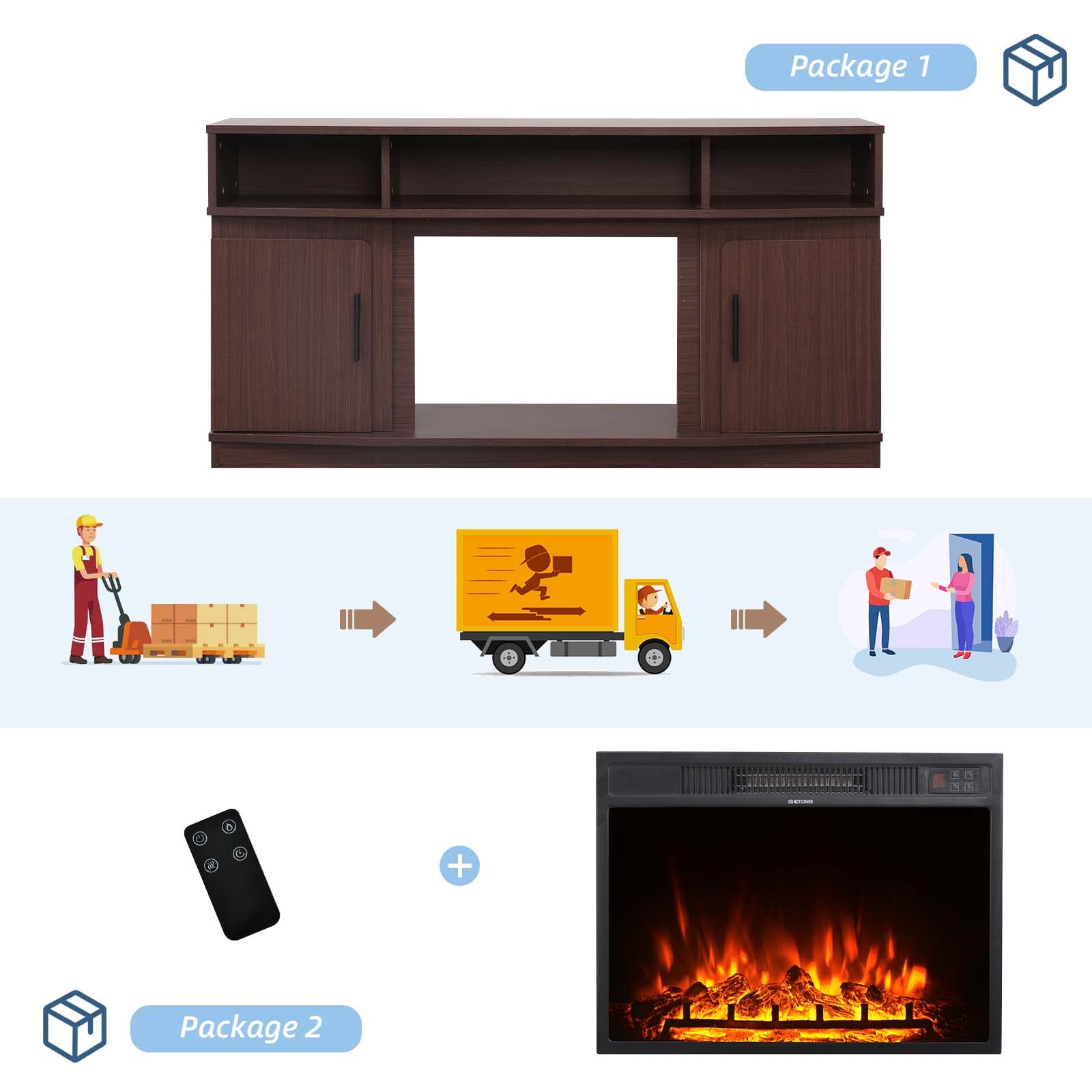 EROMMY 59'' Fireplace TV Stand with 23'' Electric Fireplace Insert, Entertainment Center with Adjustable Shelves, TV Console for TVs up to 65'' for Living Room, Bedroom, Office, Rustic Walnut