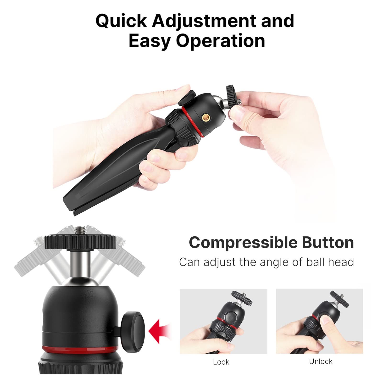 DSFEOIGY Tabletop Mini Camera Tripod for Phone Stand 1/4 Inch Screw 1.5kg Load Capacity for DSLR Action Camera Live Streaming (Color : Black)