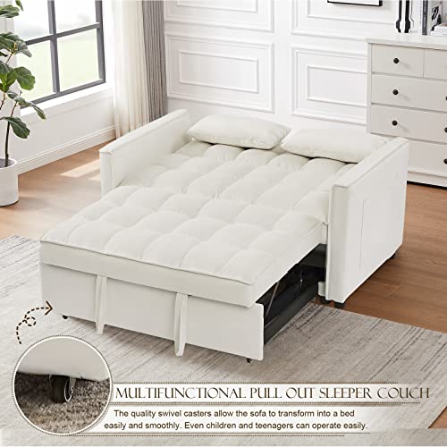 Velvet Pull Out Sleeper Sofa Bed, Convertible Futon Couch Bed with Adjustable Backrests, 3 in 1 Modern Loveseat with 2 Pockets and Pillows, Small Love Seat for Living Room, Guest Room, Off White