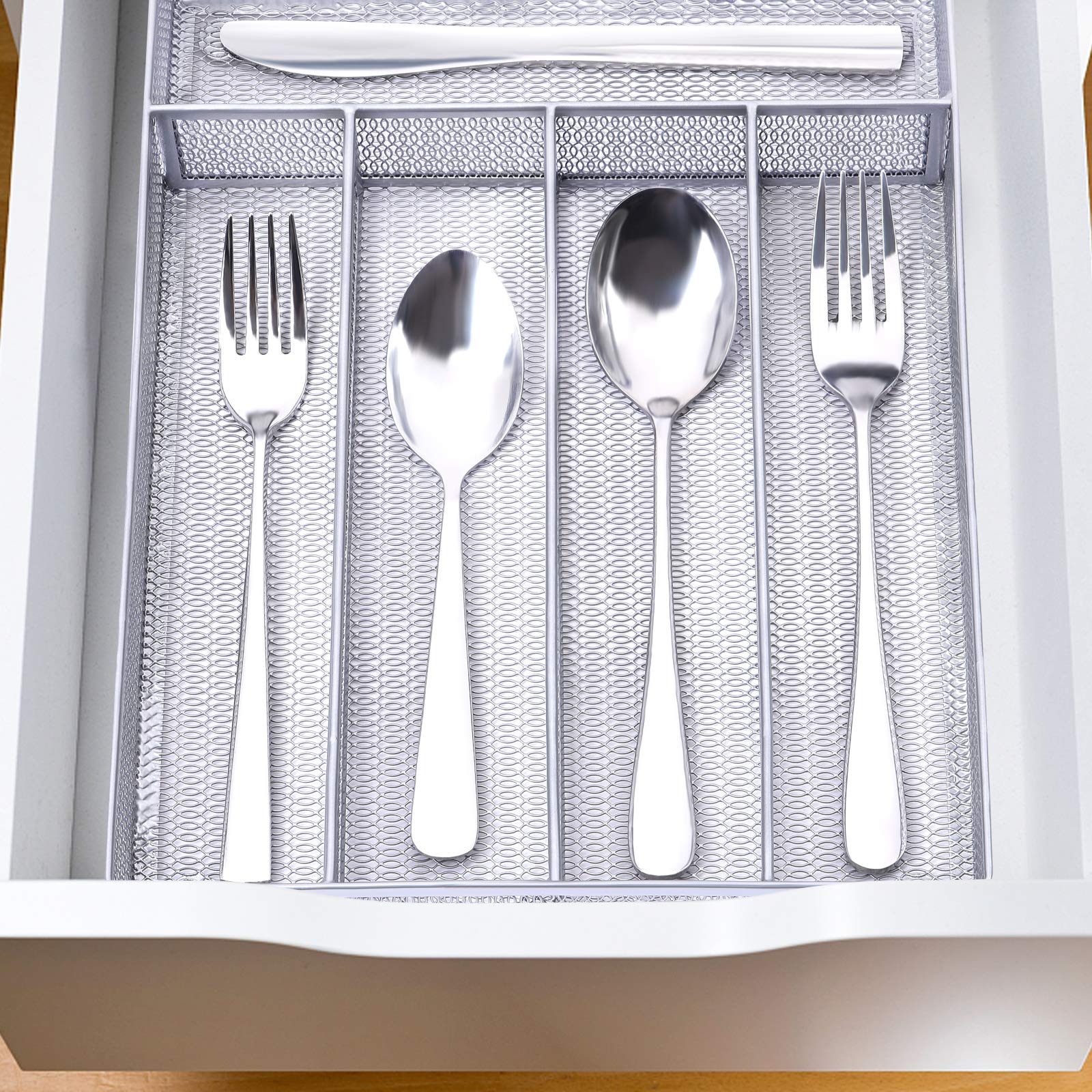 Flatware Organizers 5 Compartments, Metal Mesh Kitchen Utensil Drawer Cutlery Tray with 4 Foam Feet, Silver