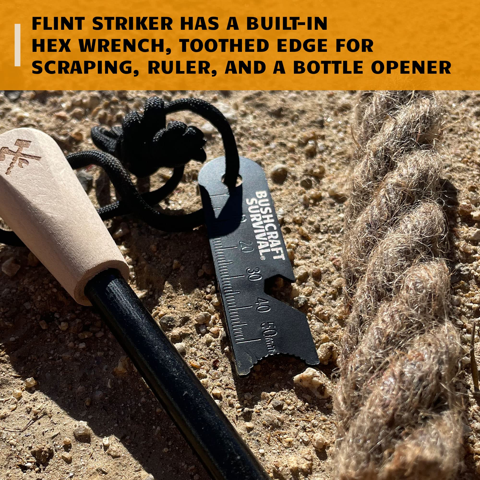 Ferro Rod Fire Starter Survival Tool | Flint and Steel w/ 4PK Jumbo Tinder Rope Fire Starters for Campfires Hiking Backpacking | Waterproof Magnesium Farrow Rod Tools