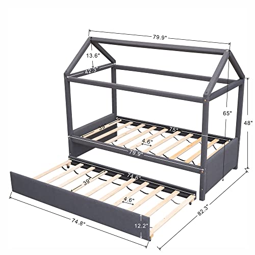 Lostcat Twin Size Upholstered House Platform Bed with Trundle,Twin Bunk Bed with Roof Design for Kids, Teens, Girls, Boys,No Box Spring Required,Grey