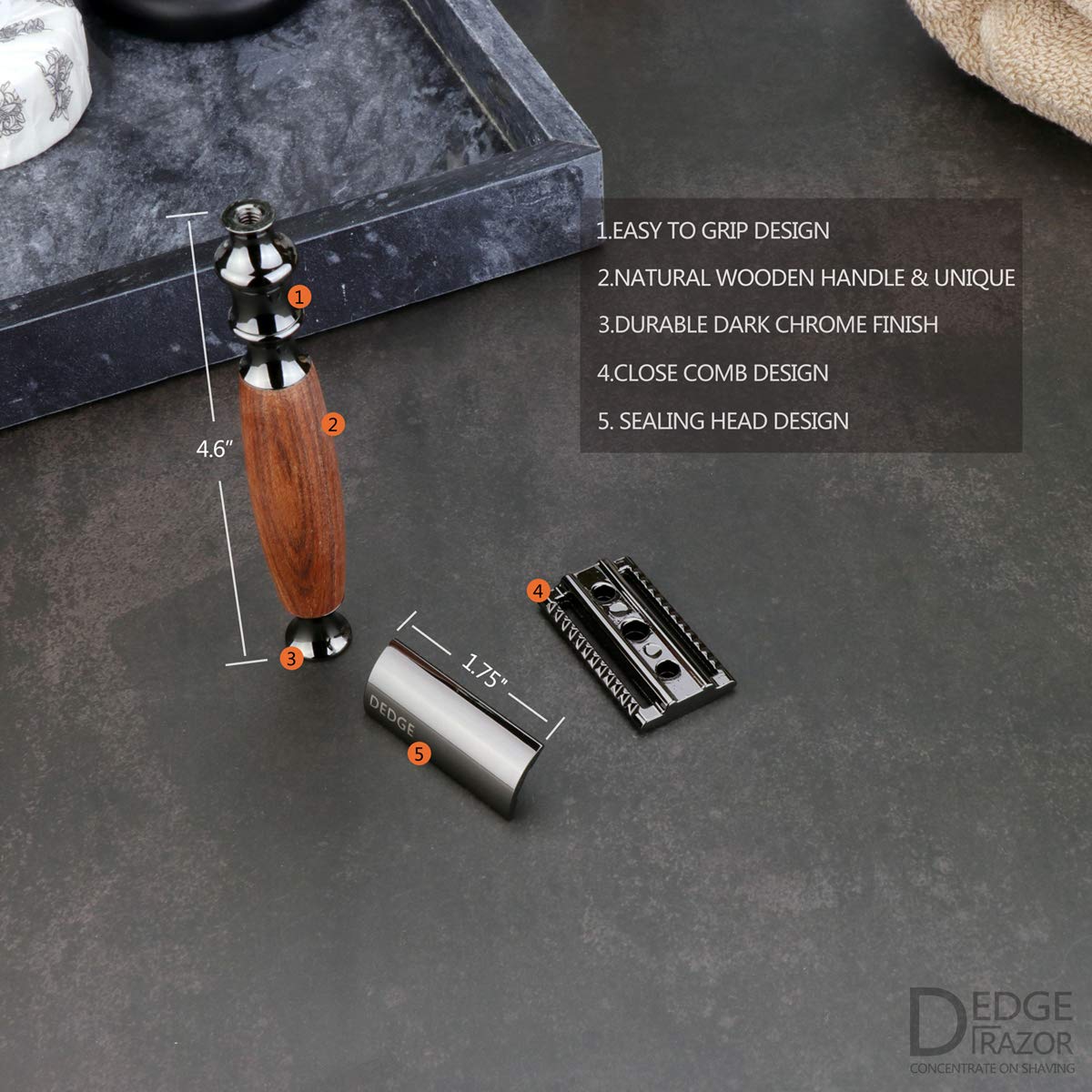 Dedge Classic 3-piece Double Edge Safety Razor with Long Natural Wooden Handle Shaving Razor