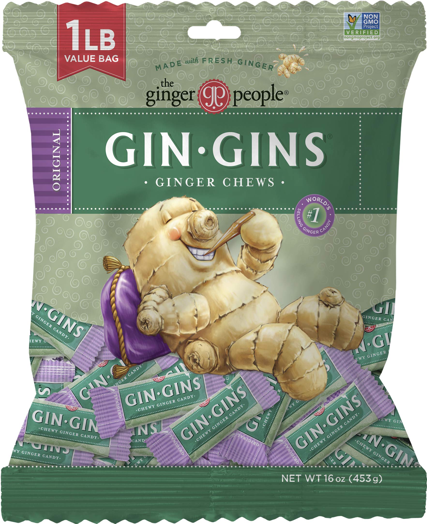 GIN GINS Original Chewy Ginger Candy by The Ginger PeopleĀ® - Anti-Nausea and Digestion Aid, Individually Wrapped Healthy Candy - Original Ginger Flavor, Large 1 lb Bag (16oz) - Pack of 1