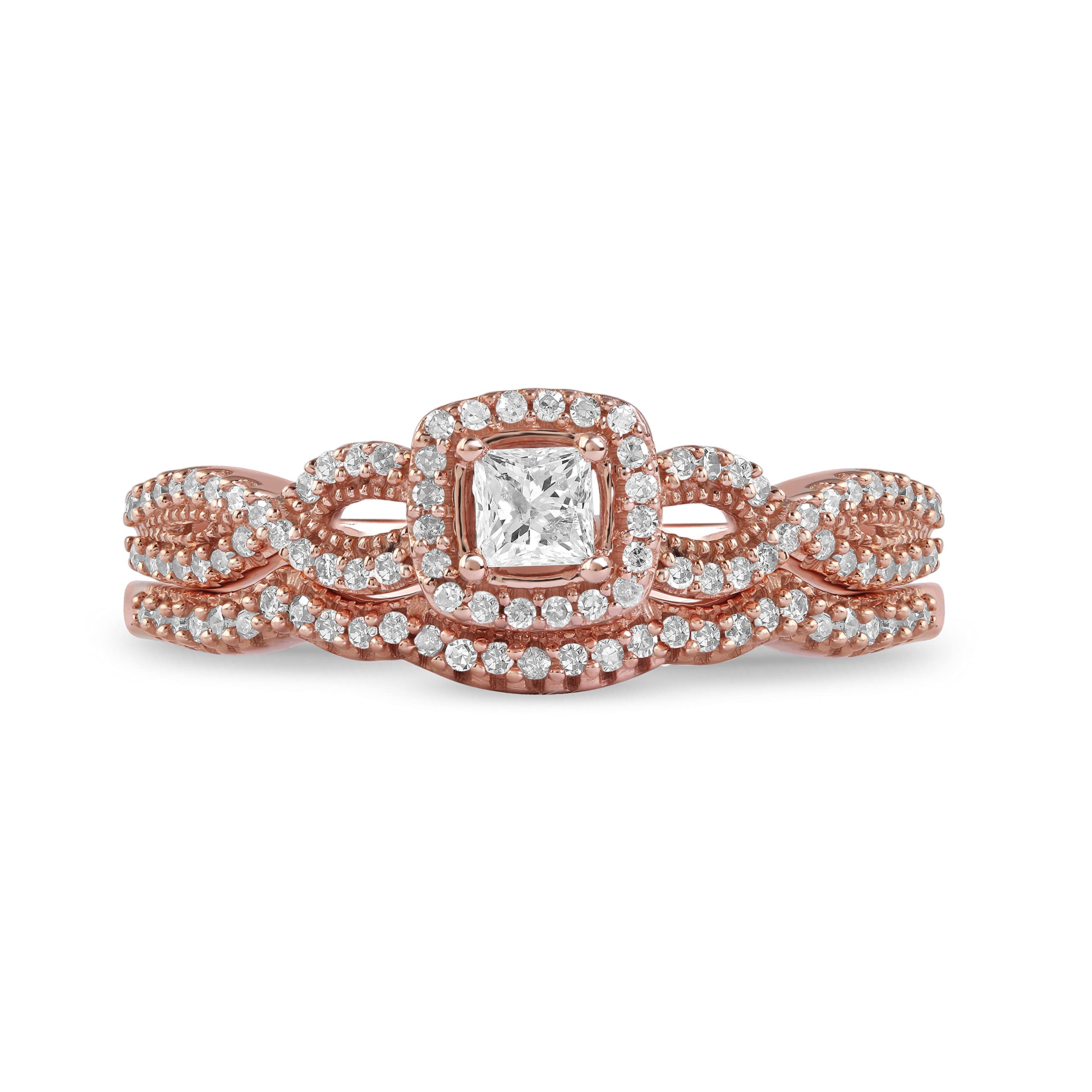 DZON IGI Certified 10k Rose Gold 3/8CT TDW Princess & Round Cut Diamond Halo Engagement Ring Set Love Gift for Women (I-J, I2)