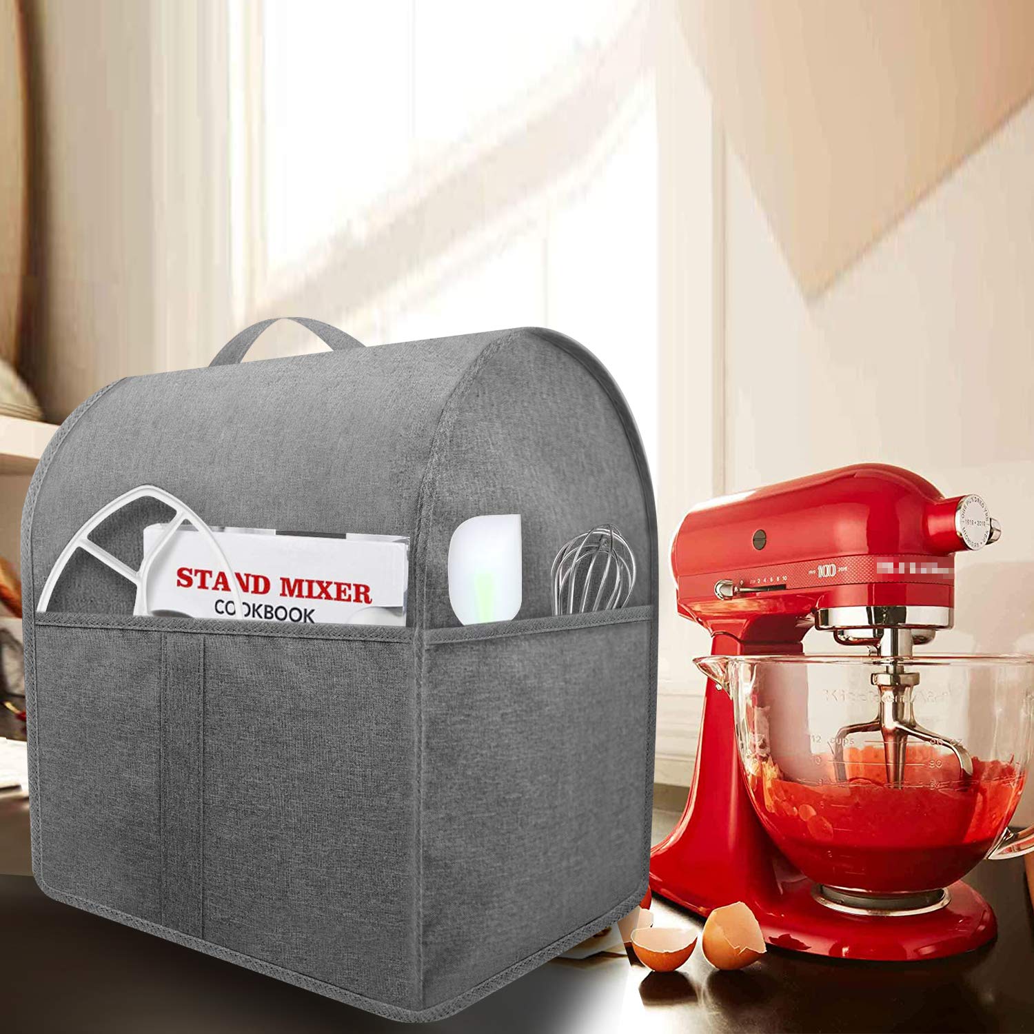 Dust Cover with 4.5-8 Quart Mixers, Cloth Cover with Pockets for Mixers and Extra Accessories… (Gray, Fits for 6-8 Quart)
