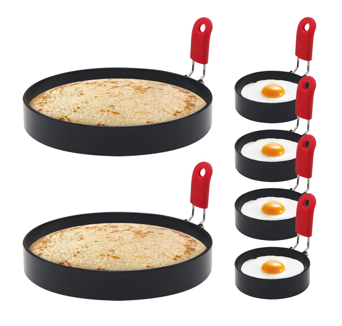 ESCULTORA 6PCS Pancake Ring, Cooking Rings, Nonstick Black Coated Metal Egg Ring with Anti-scald Handle for Griddle, DIY Sandwich Eggs, English Muffin, Pancakes, Burger, Breakfast