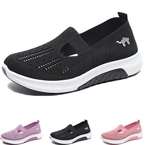 ELSHTIDE Women's Knit Mesh Breathable Slip On Platform Sneakers,Outdoor Non-Slip Comfort Orthopedic Diabetic Fashion Walking Shoes (Black,8.5)