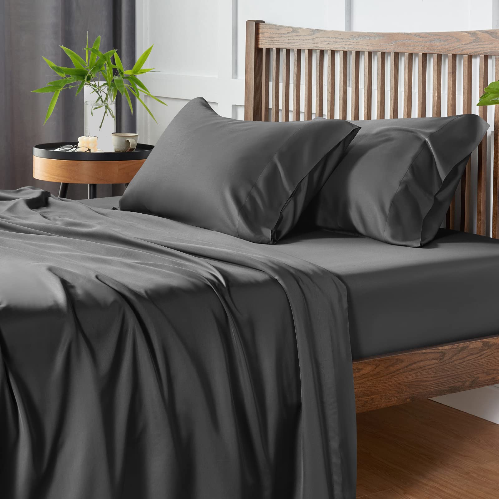 CozyLux Cooling Sheets Queen Size, Rayon derived from Bamboo, Oeko-TEX Certified Luxuriously Soft & Cooling Silky Sheet Set - 16" Deep Pockets 4 Piece Bedding Sheets & Pillowcases,Dark Grey