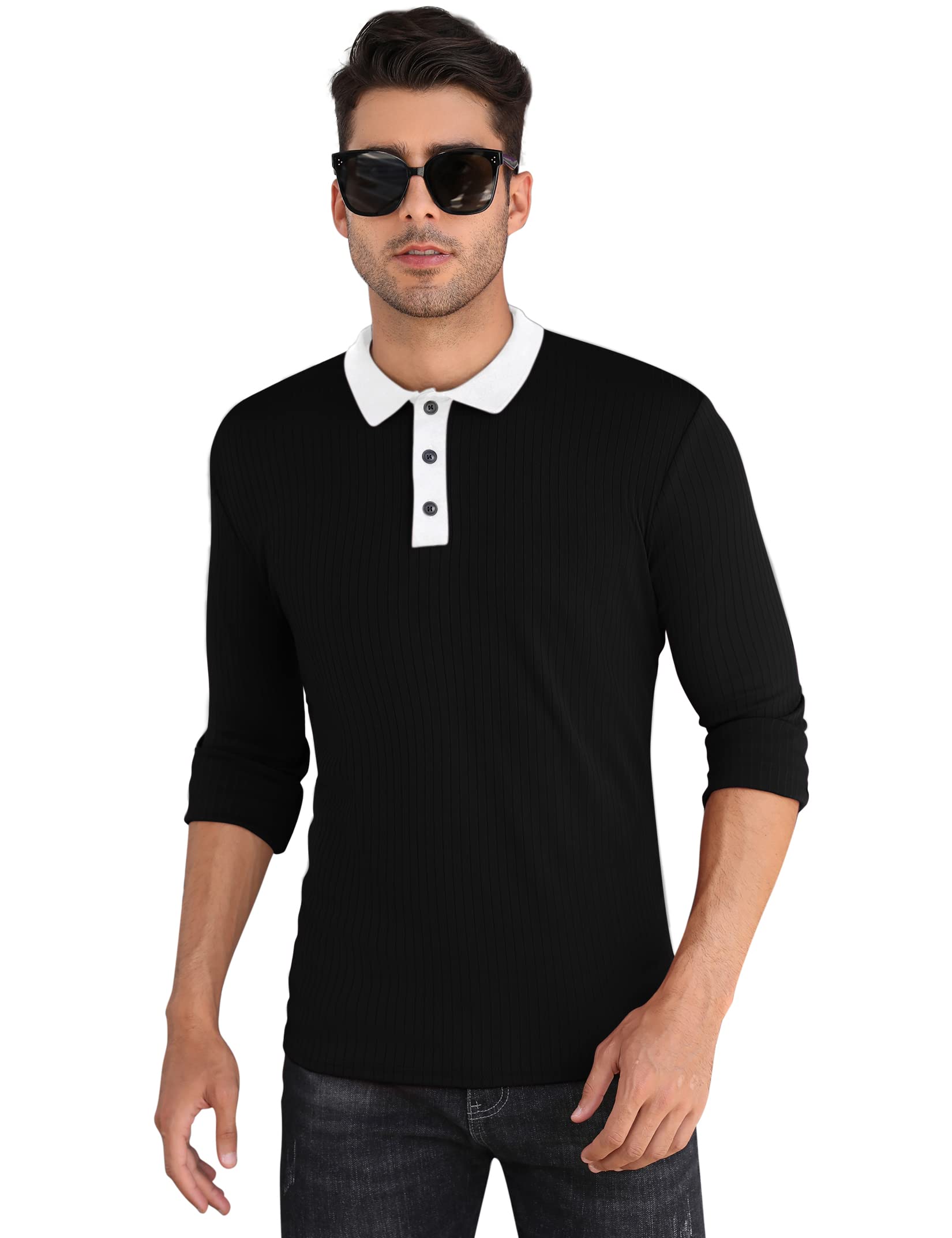 EliteSpirit Mens Long Sleeve Polo Shirts Casual Polka Dot Collared Golf Shirt with Pockets Black XL